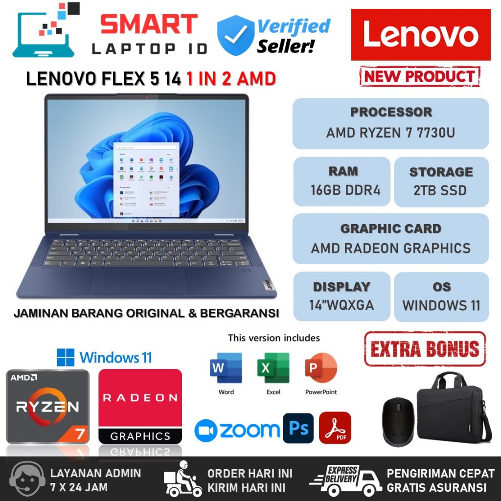 Jual Laptop 2in1 Lenovo ideapad Flex 5 14 AMD Ryzen 7 7730U 16GB 2TB SSD WUXGA Touchscreen ...