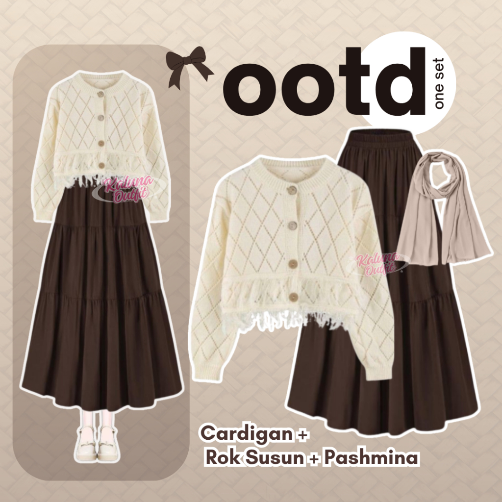 Jual One Set Setelan 3in1 Wanita ( Cardigan Rawis Rajut, Rok Susun ...