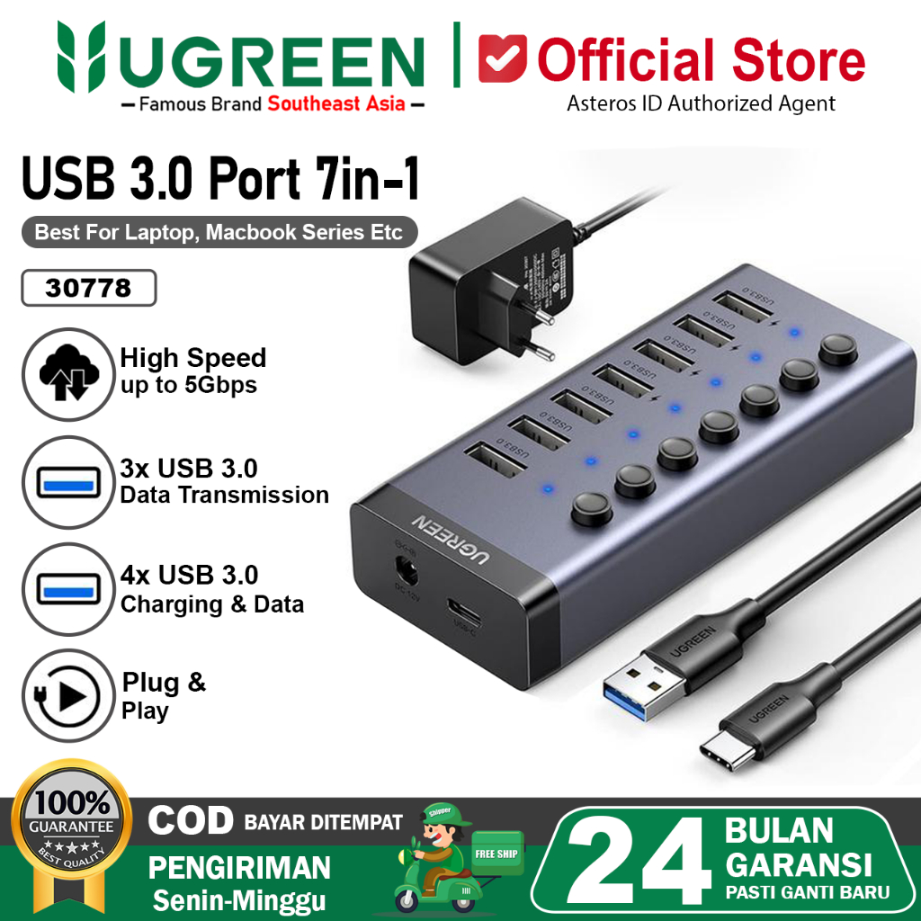 Jual UGREEN HUB USB 3.0 Splitter 7 IN 1 LED 12V Charging & Transfer ...