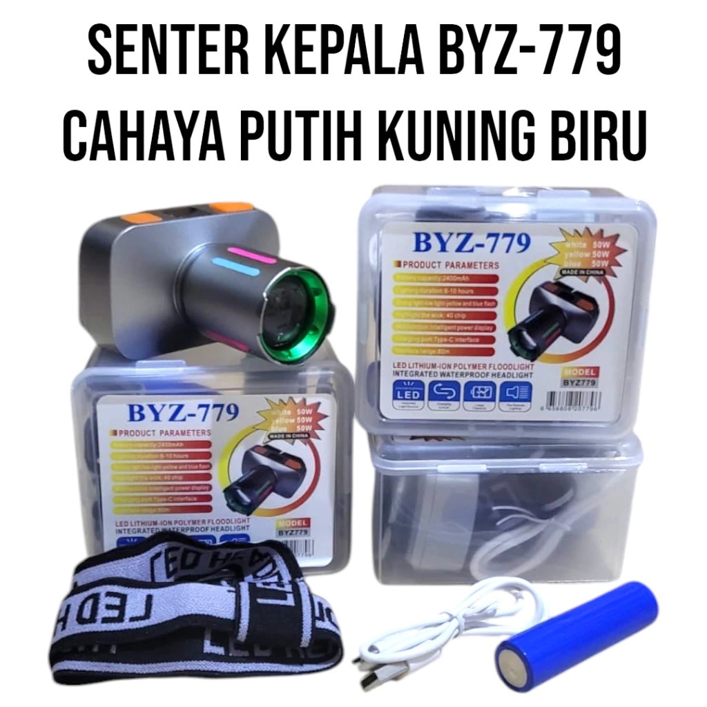 Jual Senter Kepala ZOOM 50 Watt 3 Warna BYZ-779 Cahaya PUTIH , KUNING dan BIRU 5 Mode Strobo SOS ...