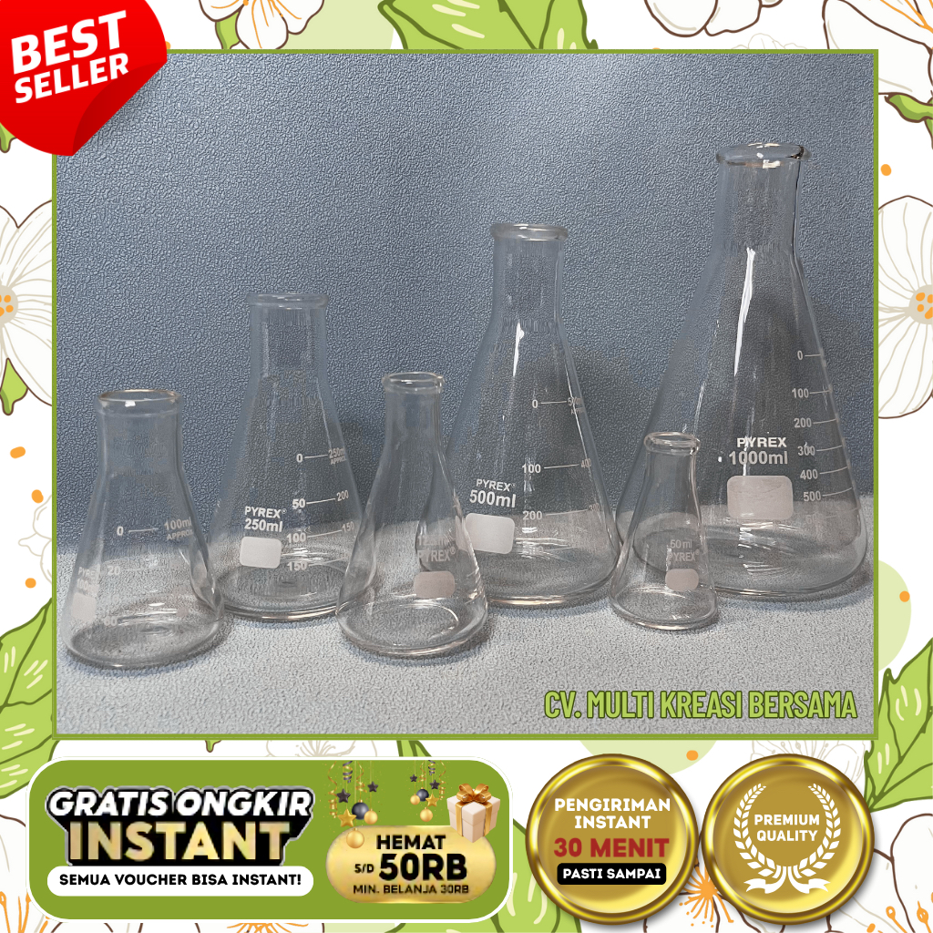 Jual ERLENMEYER FLASK/ CONICAL FLASK/ LABU ERLENMEYER (MEREK PYREX) 50 ML, 100 ML, 125 ML, 250 ...