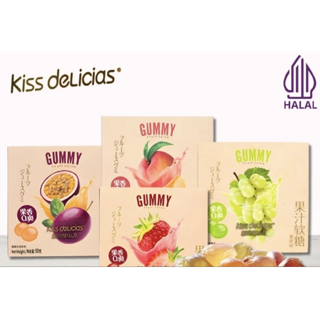 Jual Kiss Delicias Gummy Fruit Juice Peach,Grape,,Strawberry & Passion Fruit Halal 50gr | Shopee ...