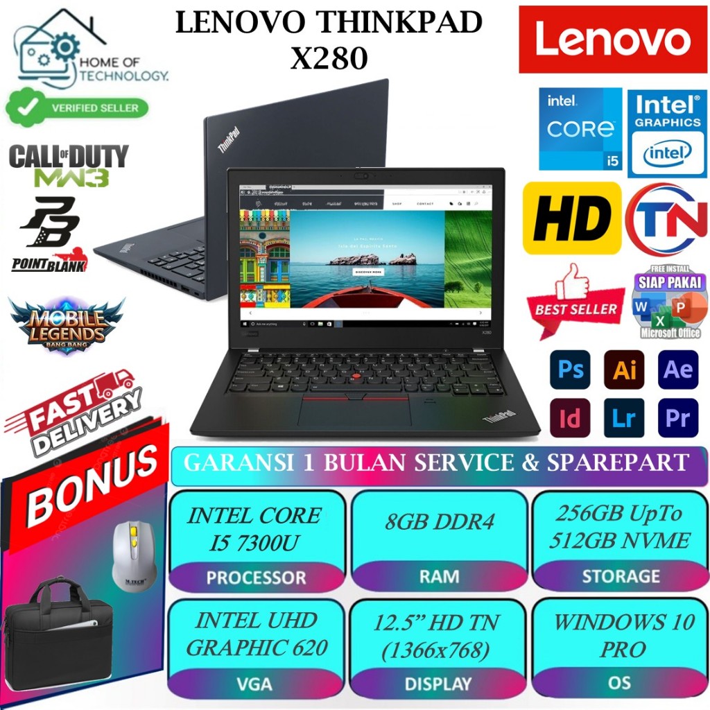 Jual Laptop Lenovo Thinkpad X280 INTEL I5 7300U 8GB 512GB 12.5 HD TN ...