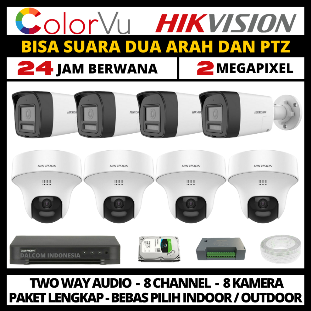 Jual PAKET CCTV HIKVISION COLORVU 2MP 8 CHANNEL 8 CAMERA PTZ TWO WAY ...