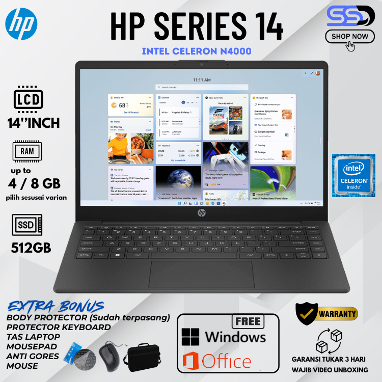 Jual LAPTOP HP 14 Intel CELERON N4000 RAM 8GB/SSD 512GB W 10 Free TAS ...