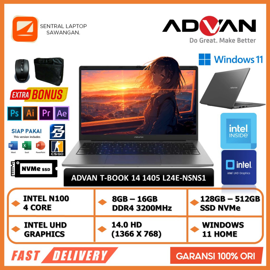 Jual Advan T-Book 14 1405 L24E-NSNS1 Intel N100 16GB 512GB SSD 14 Inch ...