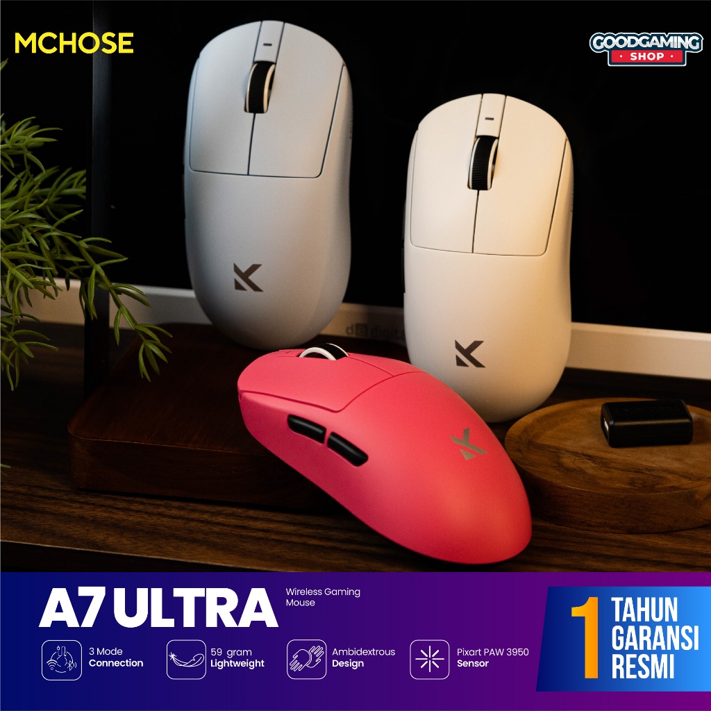 Jual MCHOSE A7 Ultra 8k Pollingrate 59g Lightweight PAW3950 Tri-mode Wireless Gaming Mouse ...