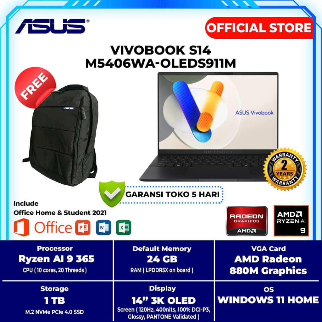 Jual ASUS VIVOBOOK S14 M5406WA-OLEDS911M AMD RYZEN AI 9 365 24GB 1TB ...