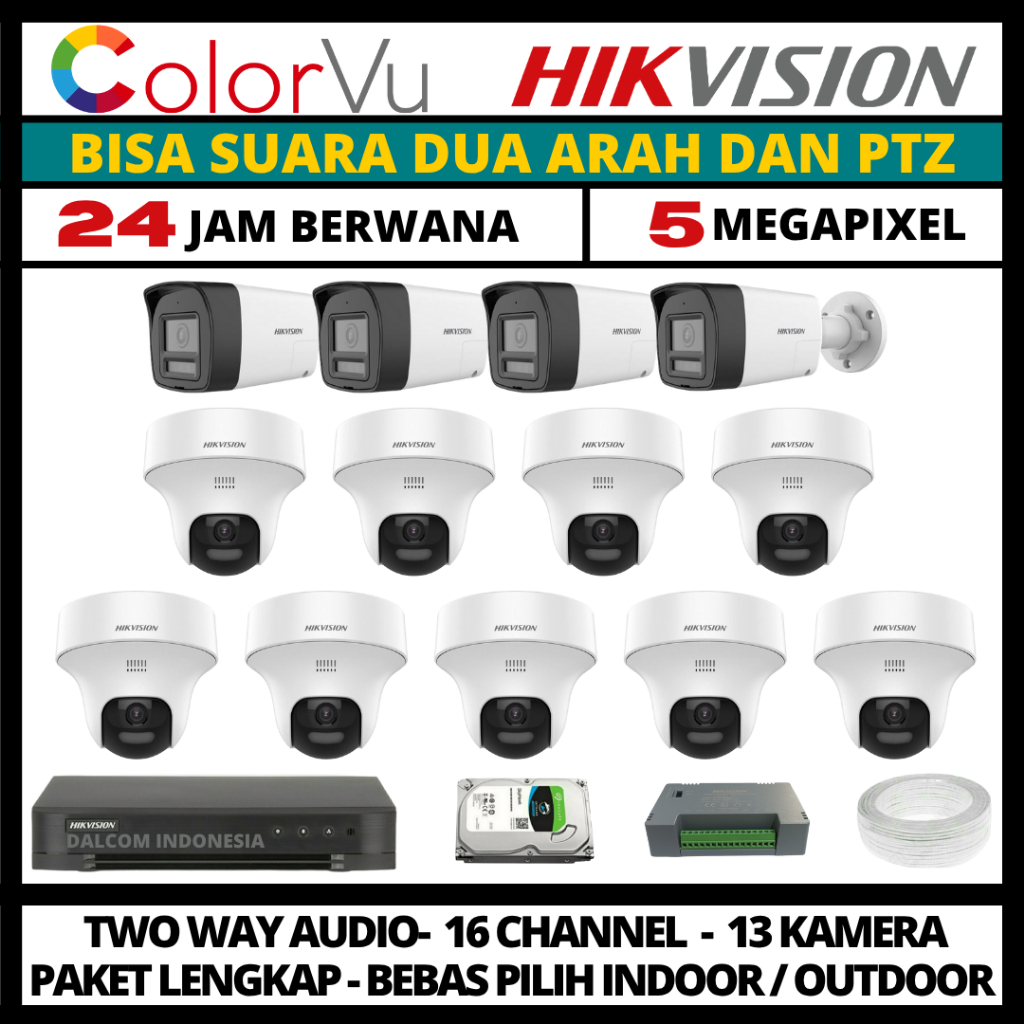 Jual PAKET CCTV HIKVISION COLORVU 5MP 16 CHANNEL 13 CAMERA PTZ TWO WAY ...
