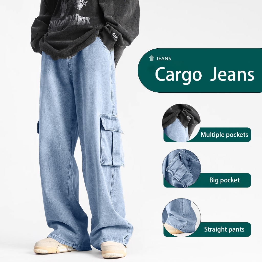 Jual KeyBoy Celana jeans pria panjang cargo hitam baggy kulot dewasa cowok straight kargo denim ...