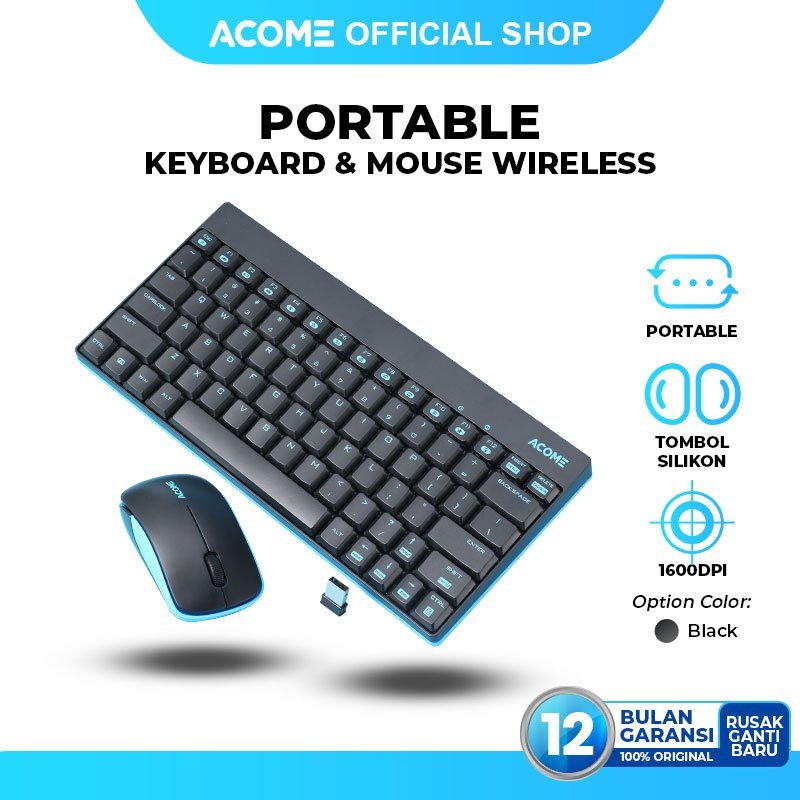 Jual Acome Keyboard & Mouse Wireless Portable 1600 DPI Tombol Silikon ...