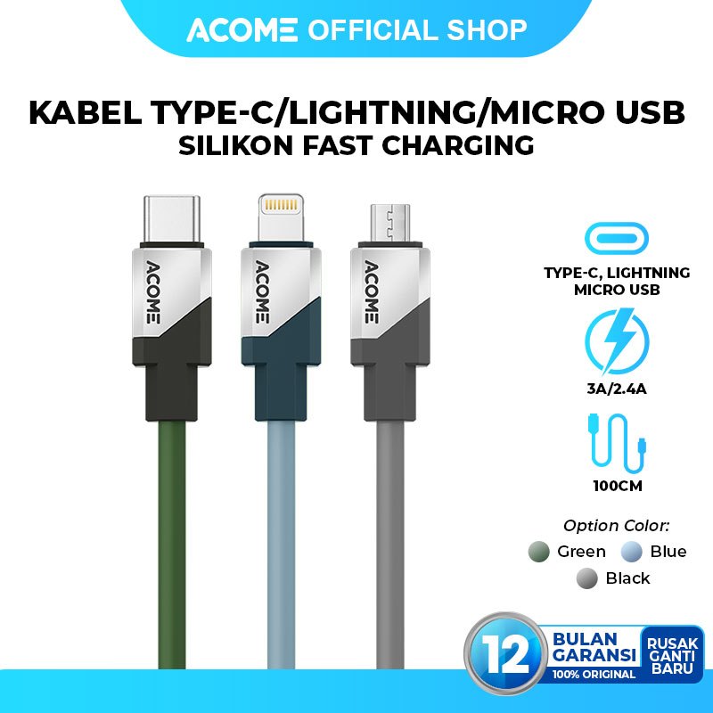 Jual ACOME Kabel Data Silikon Type-C Lightning Micro AiC Data Cable ...