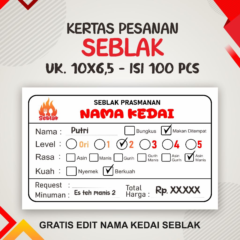 Jual Kertas Pesanan SEBLAK / List Pesanan Seblak isi 100 pcs | Shopee ...