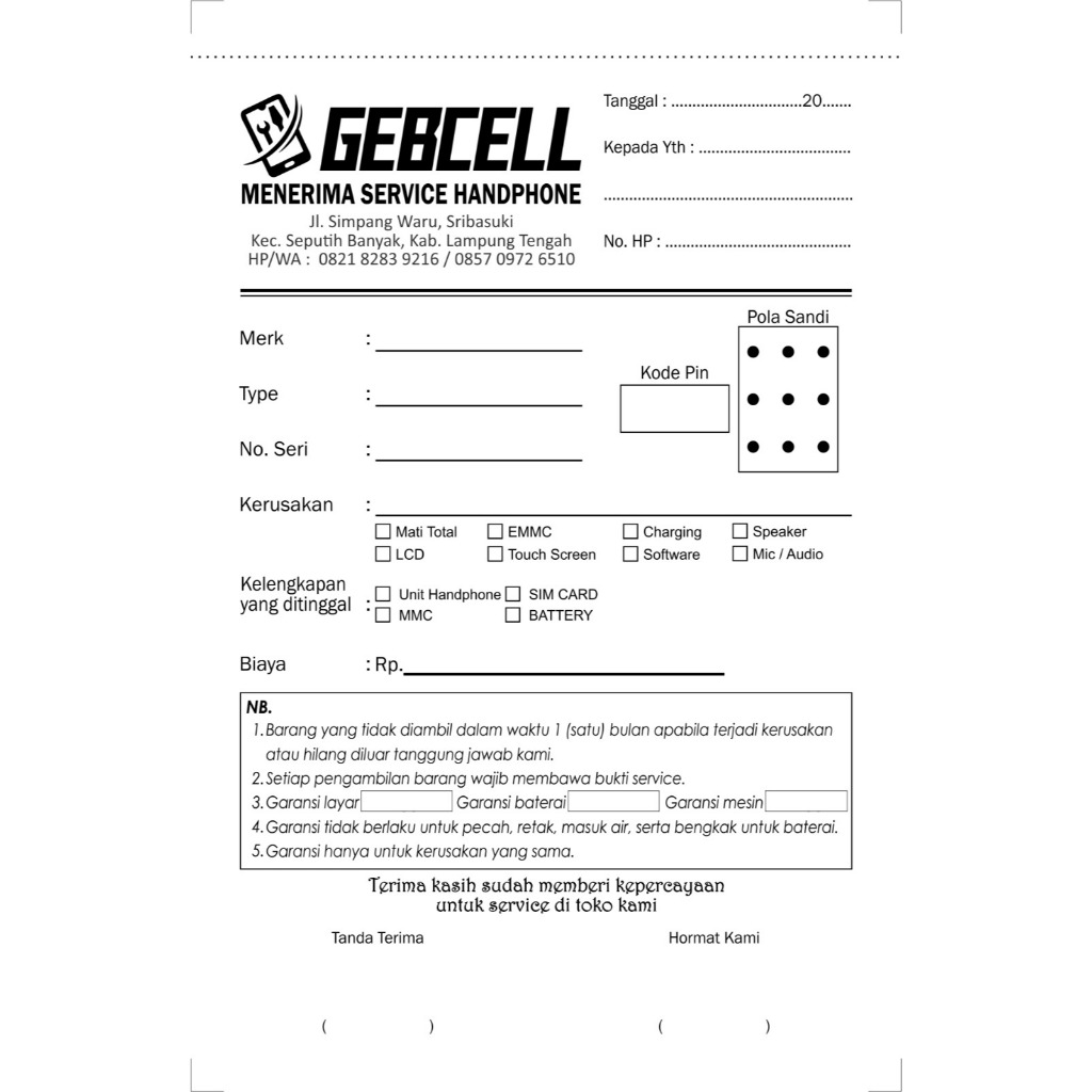 Jual Cetak Nota Servis HP Gebcell | Shopee Indonesia
