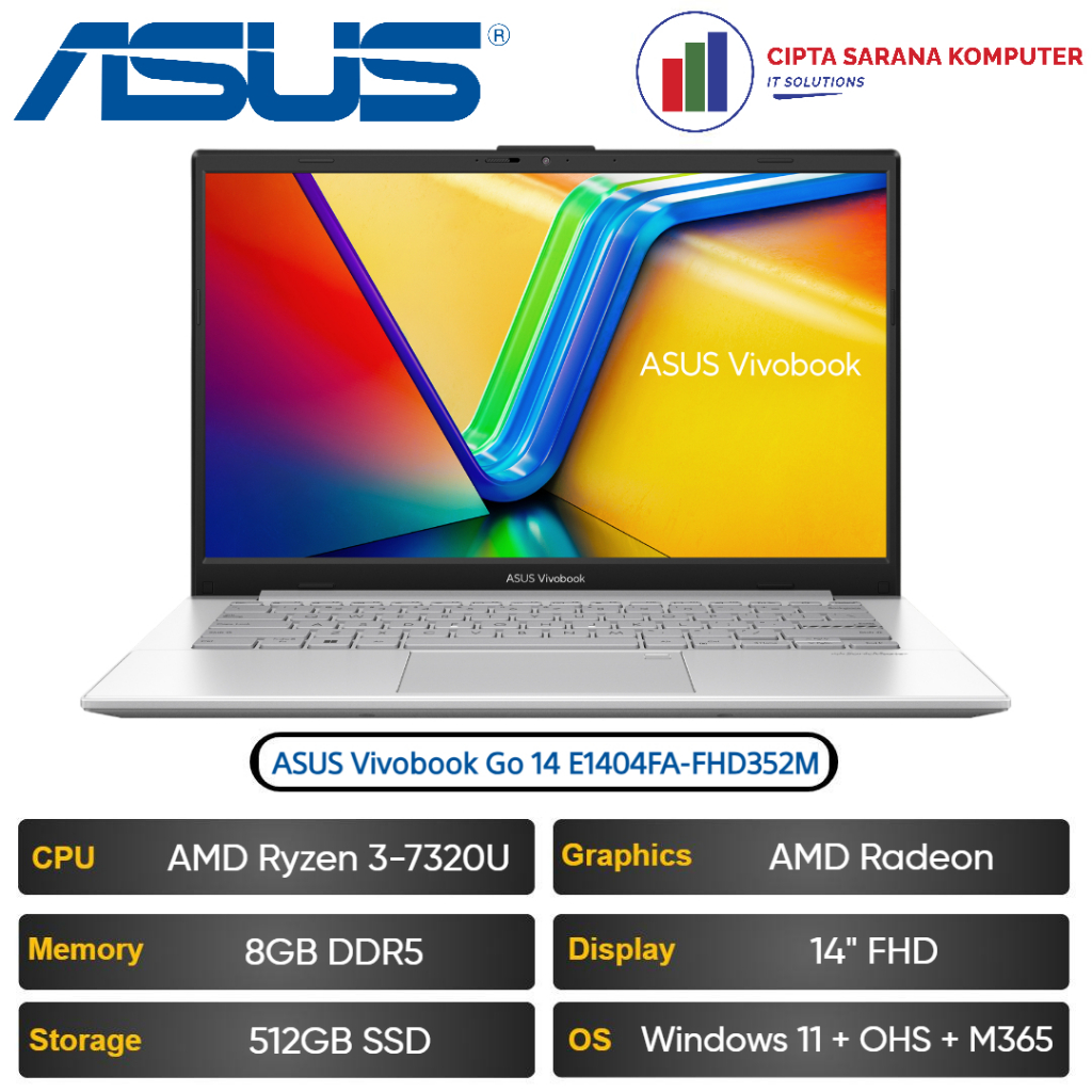 Jual Asus Vivobook Go 14 E1404FA-FHD352M AMD Ryzen 3-7320U 8GB 512GB 14 ...