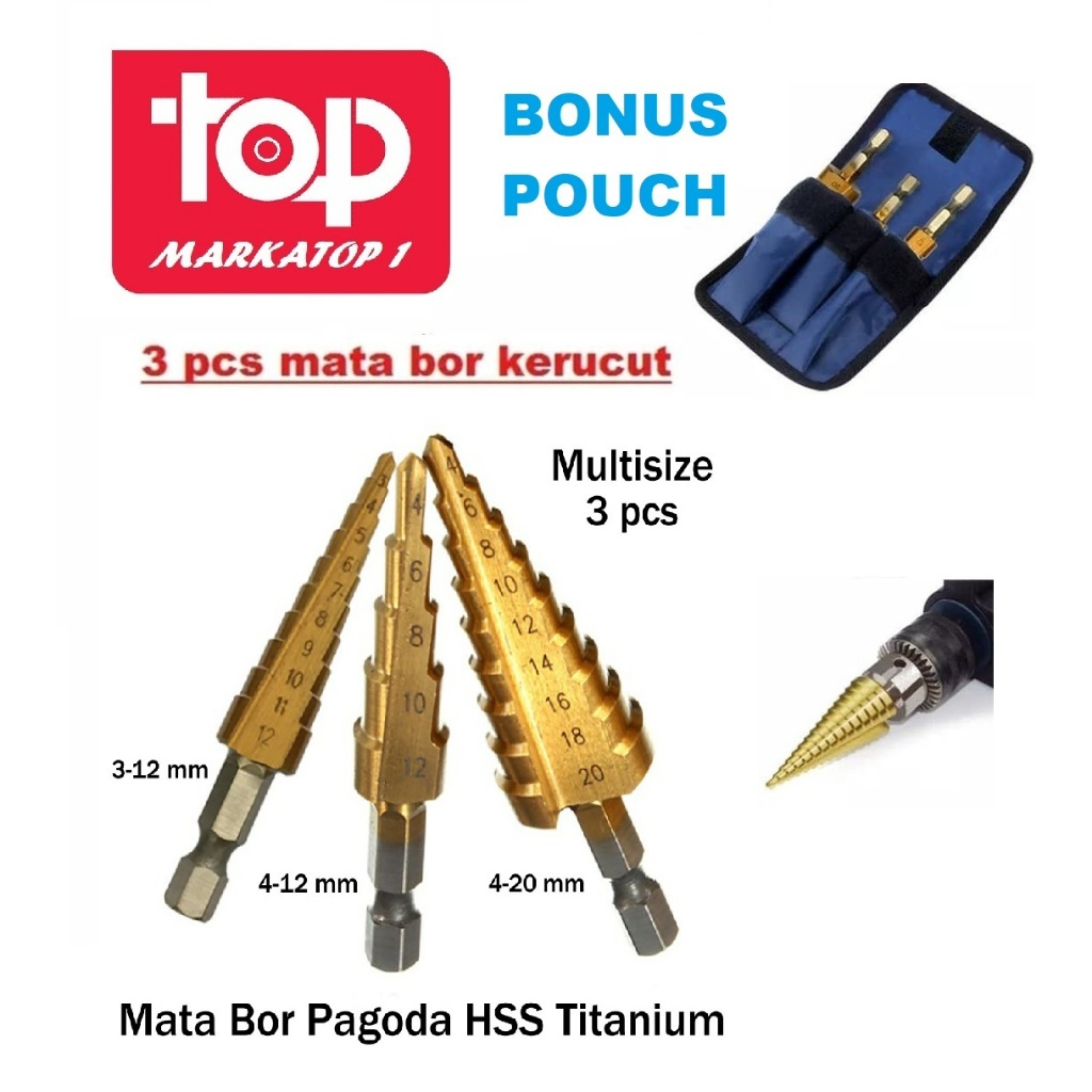 Jual MATA BOR PAGODA SET 3 PCS ¼ INCHI – ¾ INCHI ATAU 4mm-20mm BONUS ...