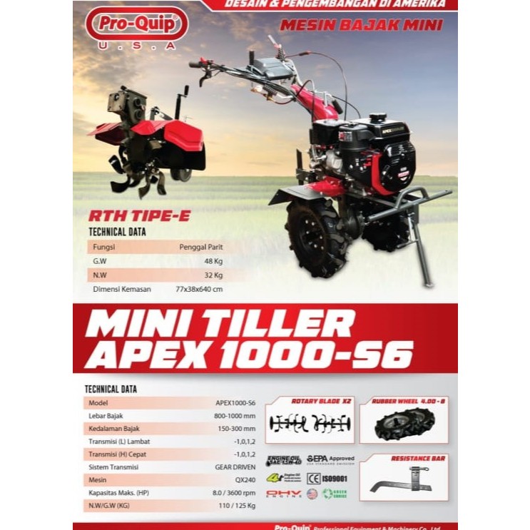 Jual HAND TRAKTOR MINI TILLER PROQUIP APEX 1000-S6 + E DITCHING /RTH ...