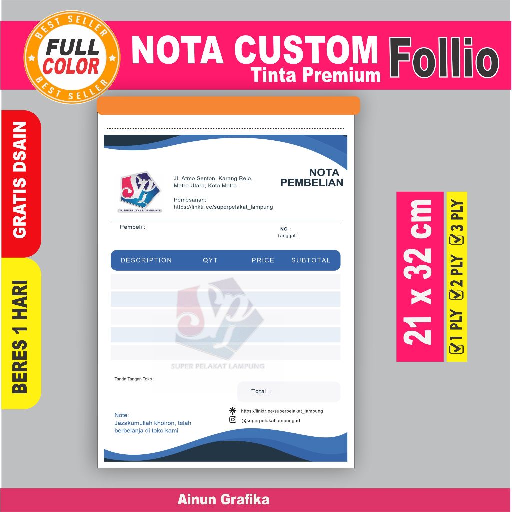 Jual nota custom / nota / nota custom ukuran polio / nota 1 ply / nota ...