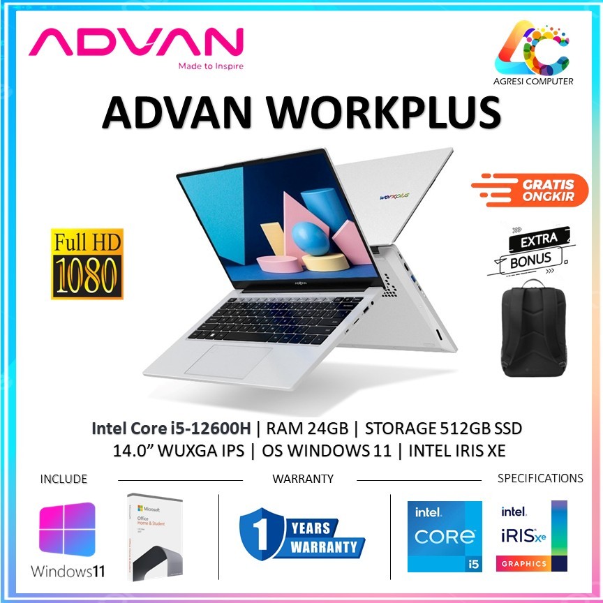 Jual Laptop Advan Workplus i5-12600H RAM 24GB 512GB SSD 14.0" WUXGA IPS ...