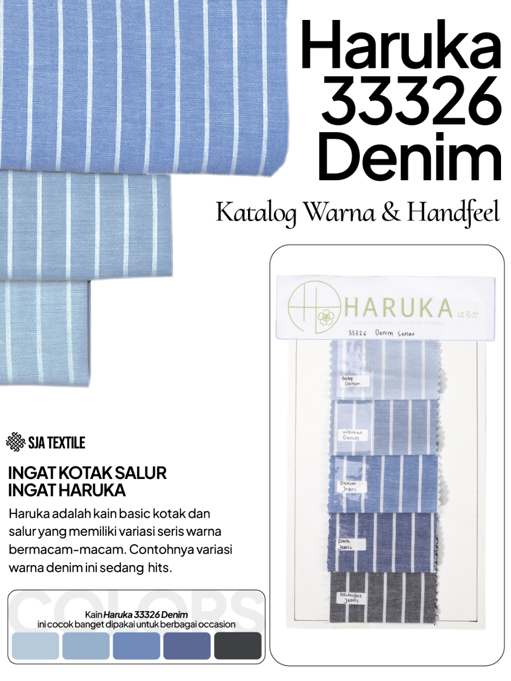 Jual Katalog Warna Haruka 3326 Denim Series by SJA Textile / Catalog Handfeel Kain Katun Haruka ...
