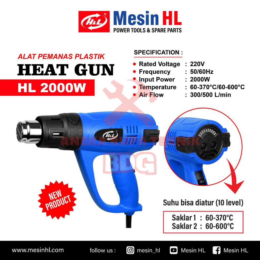 Jual Mesin Pemanas Heat Gun HL 2000W Suhu Bisa Di Atur Mesin Pemanas Plastik H&L 2000W | Shopee ...