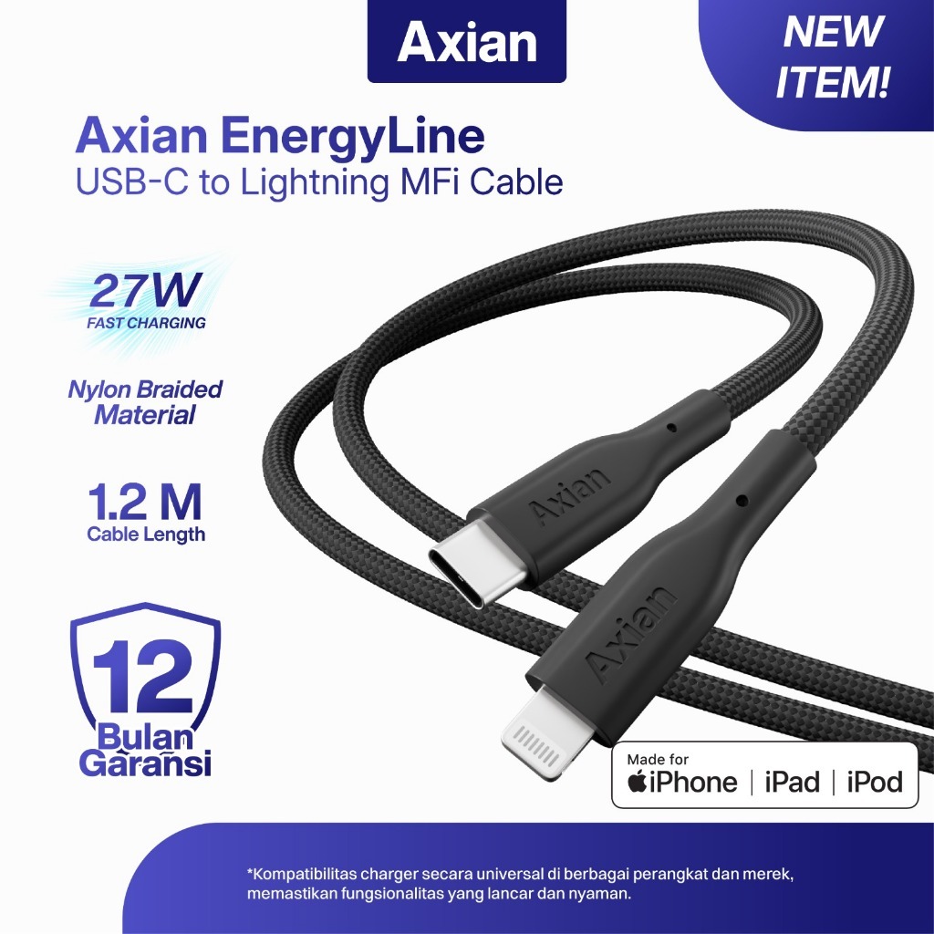 Jual AXIAN EnergyLine MFi Kabel Data iPhone Type C to Lightning 3A Fast ...