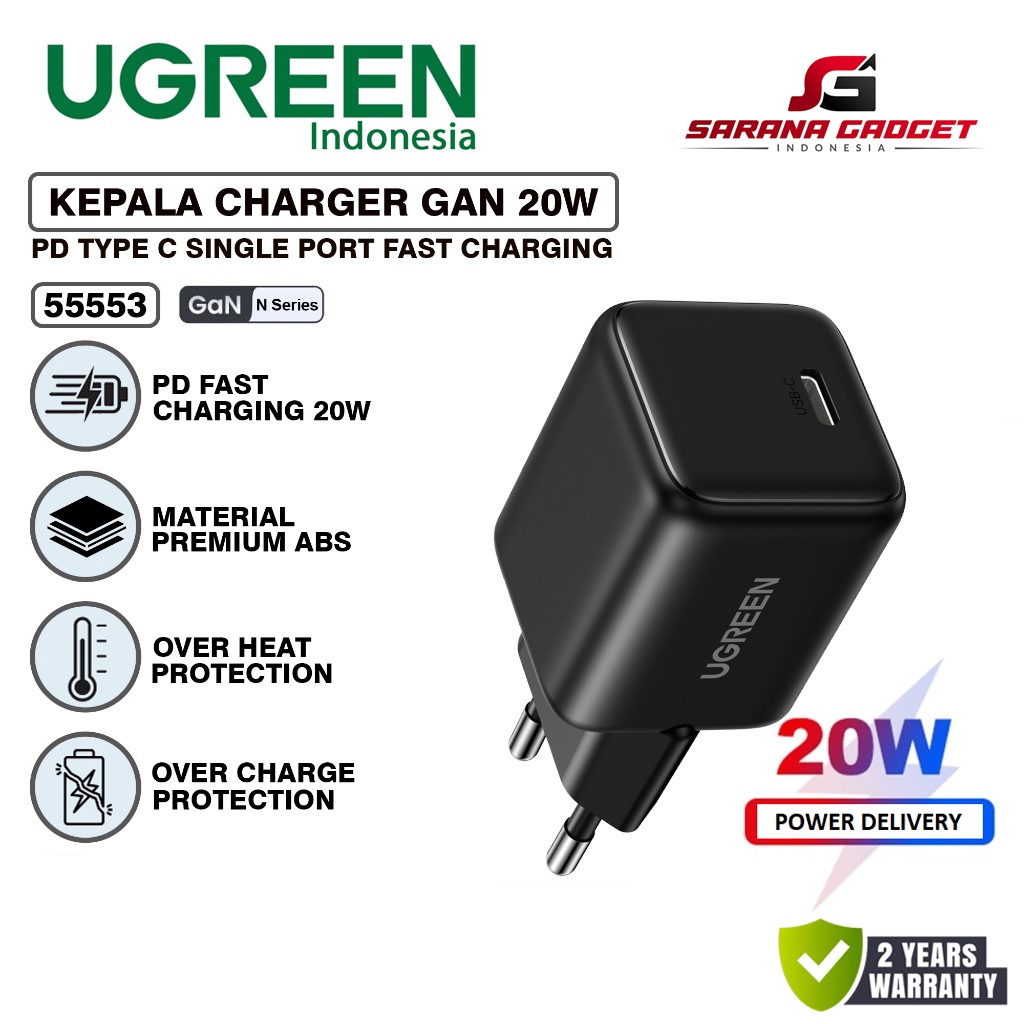 Jual UGREEN 55553 Kepala Adaptor Charger 20W GaN N-Series HITAM PD Fast ...