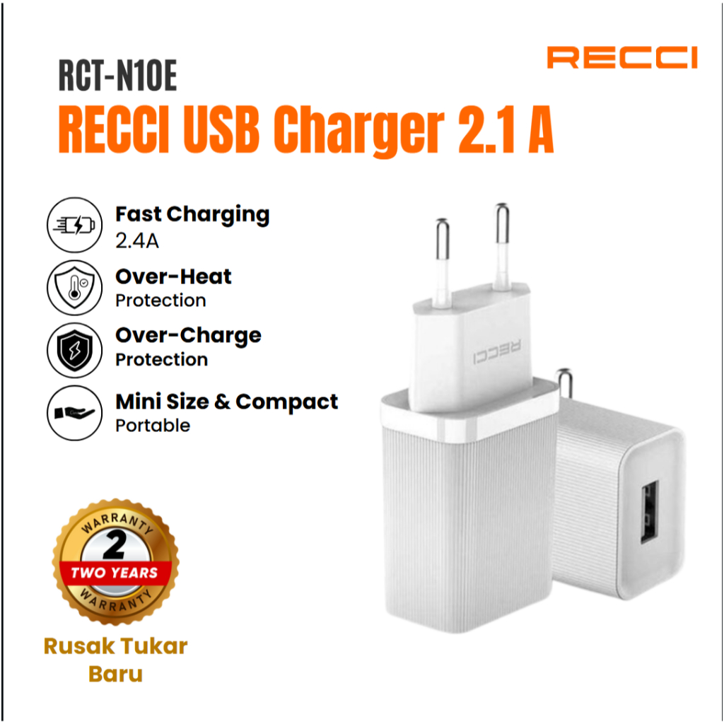 Jual USB Charger Recci 2.1 A RCT-N10E WHITE | Shopee Indonesia