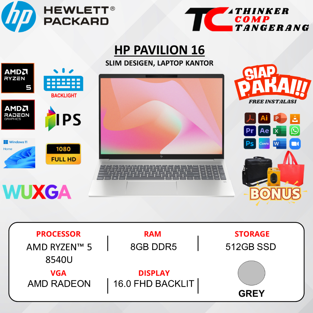 Jual Laptop HP Pavilion 16 AMD Ryzen 5 8540U RAM 8GB SSD 1TB WUXGA IPS Windows11 Home Silver ...