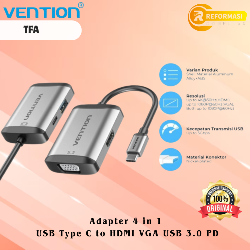 Jual VENTION TFA Vention Adapter 4 in 1 USB Type C to HDMI VGA USB 3.0 ...