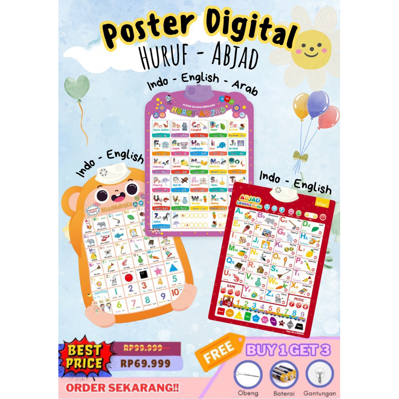 Jual [ADEEVATHAR] POSTER VARIAN HURUF ABJAD ANGKA. Poster Suara edukasi ...