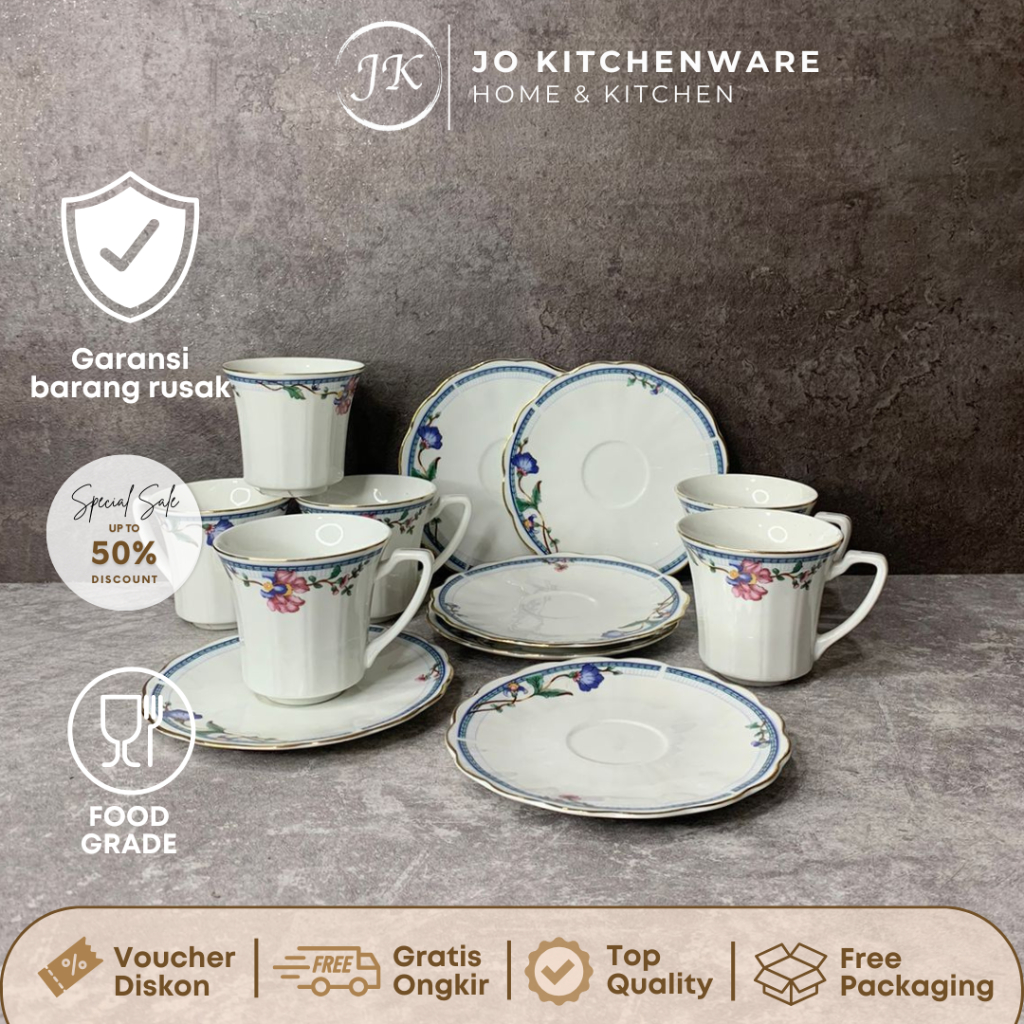 Jual SET 6 PCS Cangkir Lepek Teh Curvy Bunga keramik Cantik aethetic ...