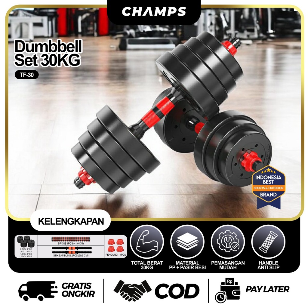 Jual CHAMPS Dumbbell Set 30KG Adjustable | Barbel Fitness Bisa Ubah Beban | Alat Angkat Beban ...