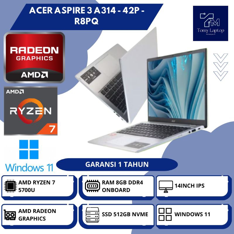 Jual LAPTOP BARU ACER ASPIRE 3 A314 - 42P - R8PQ AMD RYZEN 7-5700U AMD ...