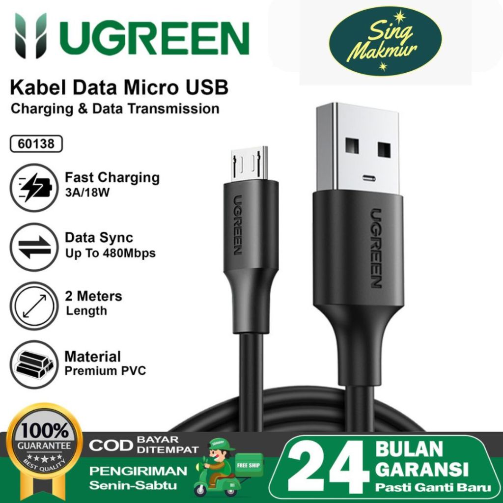 Jual Kabel Data Micro USB 18W UGREEN Fast Charging Premium Braided - 60138 2M. | Shopee Indonesia