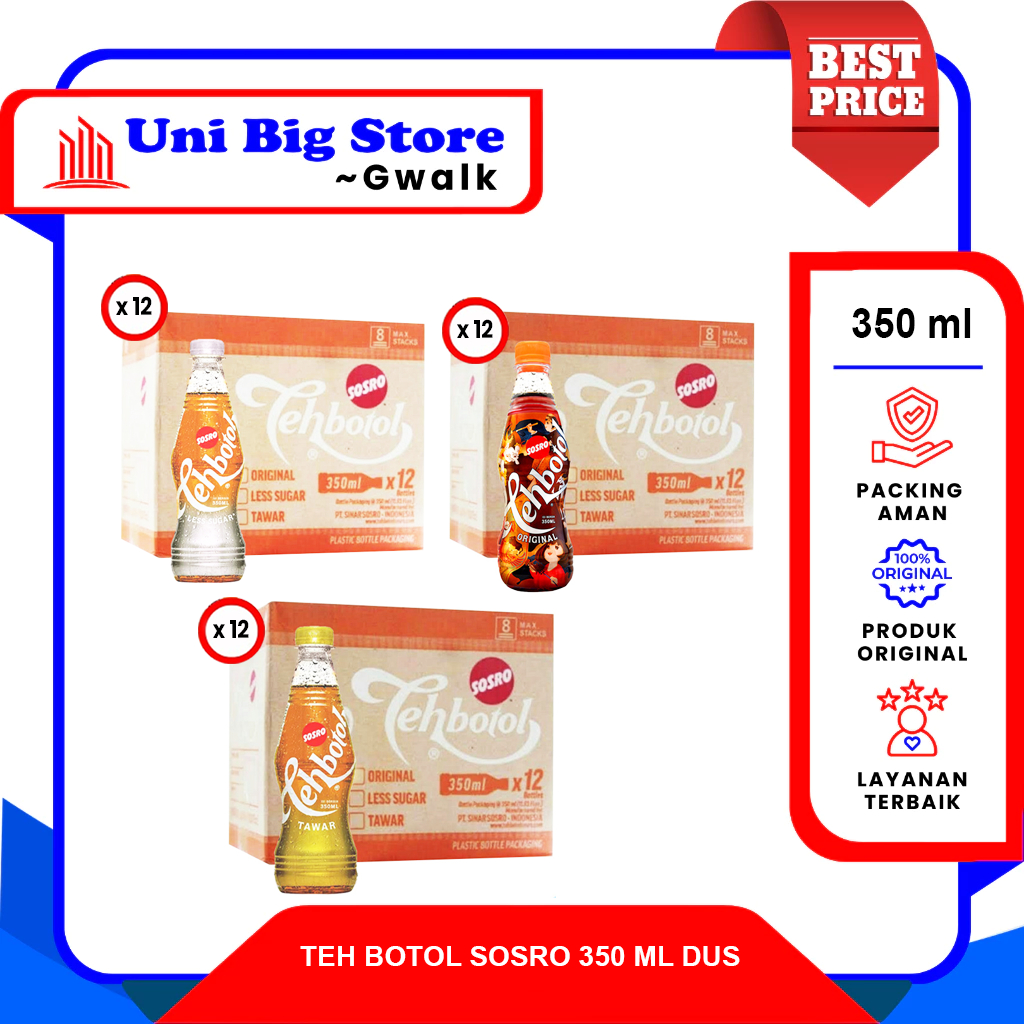 Jual TEH BOTOL SOSRO ORIGINAL TAWAR LESS SUGAR - (350 ml x 12 pcs) DUS | Shopee Indonesia