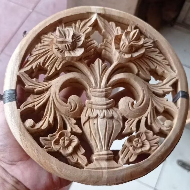 Jual Ornamen Ukir Tempel Bundar Kayu Jati Motif Pot Bunga Diameter 35cm ...