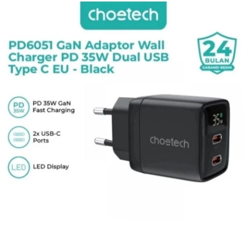Jual CHOETECH ADAPTER 35W WALL CHARGER DUAL PORT TYPE C PD 3.0 FAST ...