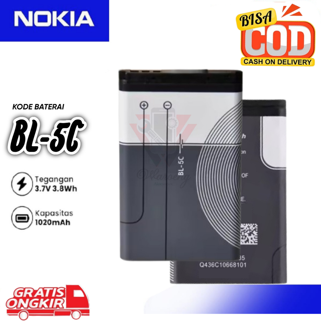 Jual Baterai Nokia 105 106 150 C1-01 C1-02 N70 Original BL-5C Batrai ...