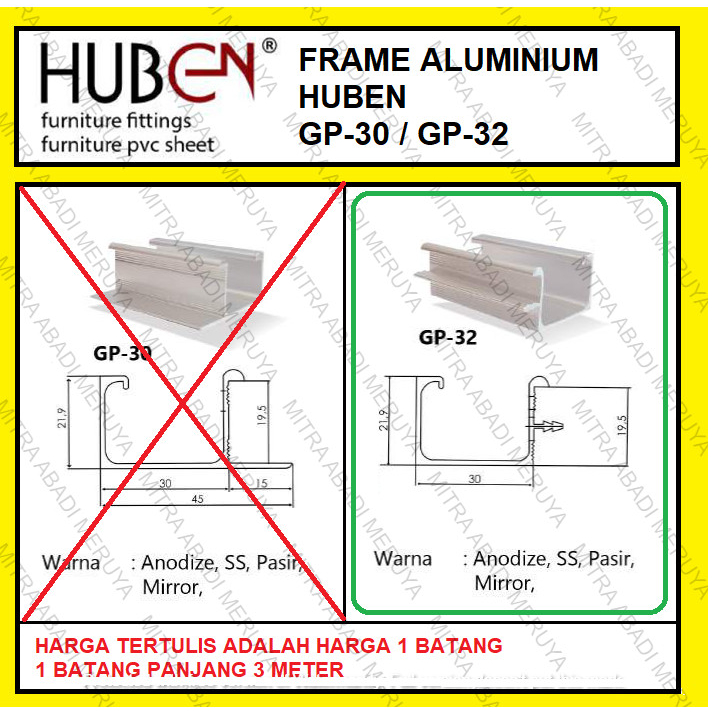 Jual Profil Frame Handle Alumunium Aluminium HUBEN GP 32 GP32 GP-32 | Shopee Indonesia
