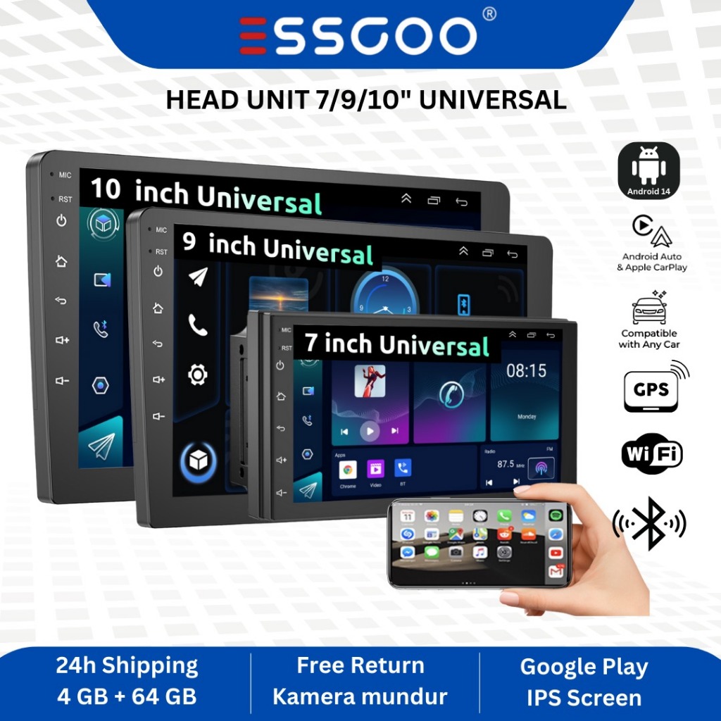 Jual ESSGOO Head Unit Android 14 4GB+64GB 7/9/10 Inch 2Din Wifi GPS Wireless Carplay Bluetooth ...