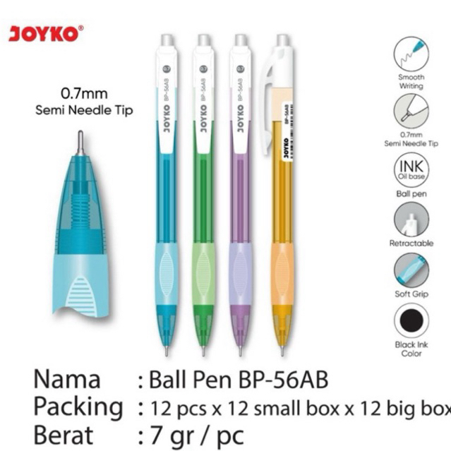 Jual ( 1 pcs ) BP-56AB Pulpen Retractable Soft Grip Warna Pastel Joyko ...