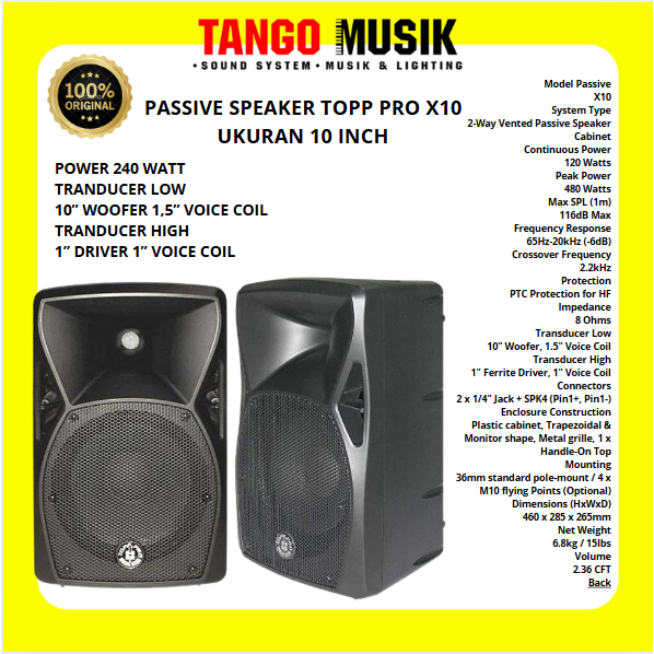 Jual PASSIVE SPEAKER 10 INCH 240 WATT TOPP PRO X10 ORIGINAL (HARGA 1 UNIT) Speaker pasif ...
