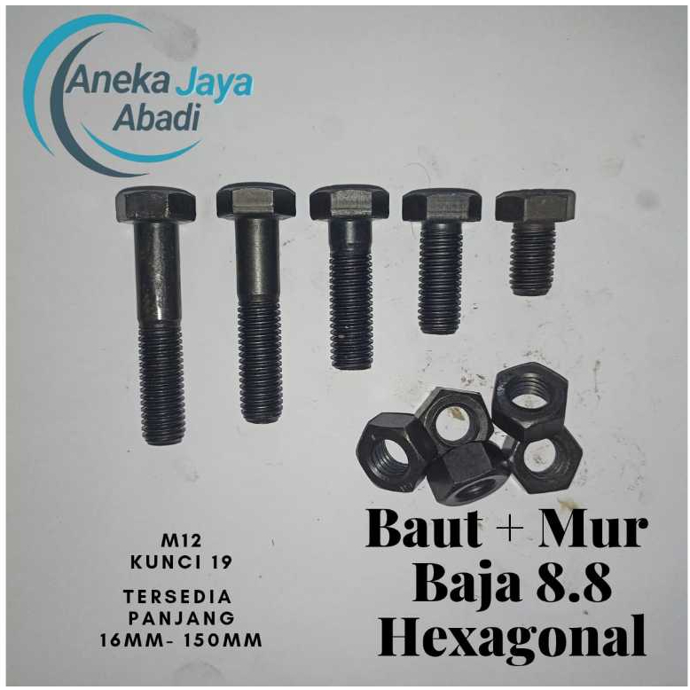 Jual Baut Mur Baja 8.8 Hexagon M12 Panjang 16mm - 150mm / Baud Baja M12x16mm - M12x150mm Kunci ...