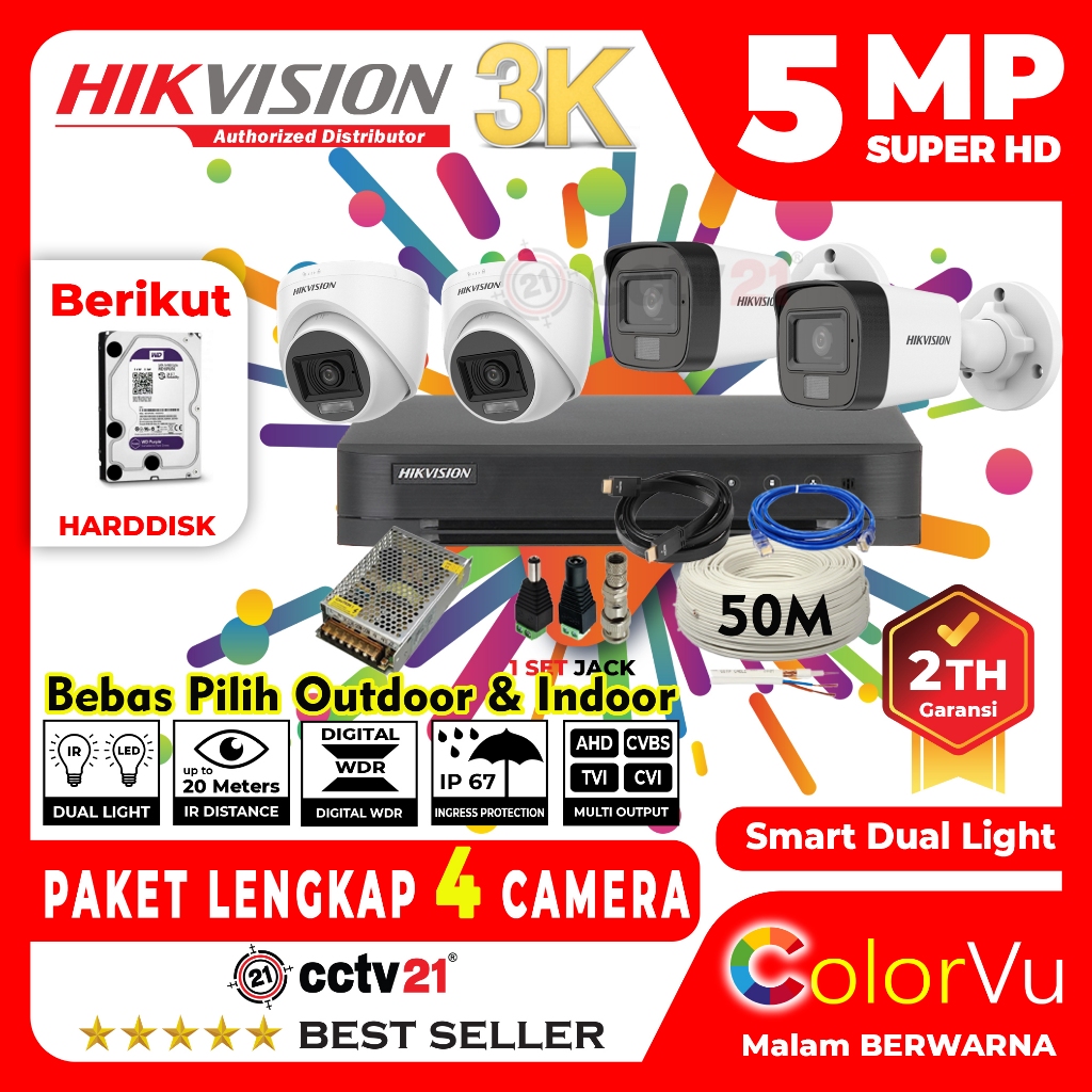 Jual Paket 4 Camera / CCTV / COLORVU HIKVISION 5MP 3K Dual Light Kabel 50M Lengkap Harga Promo ...