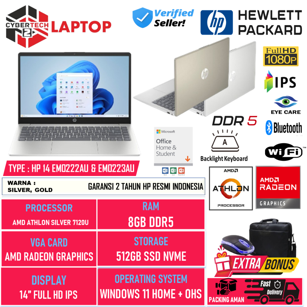 Jual TERBARU LAPTOP HP 14 EM0222AU & EM0223AU AMD ATHLON 7120U 8GB DDR5 ...