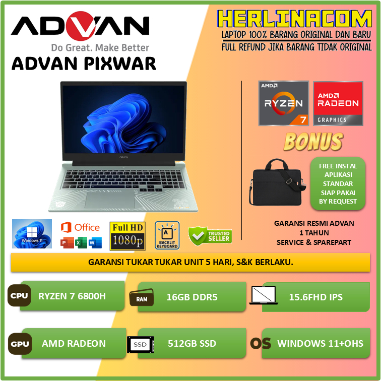 Jual ADVAN PIXWAR RYZEN 7 6800H 16GB 512GB SSD WINDOWS 11 15.6FHD IPS ...