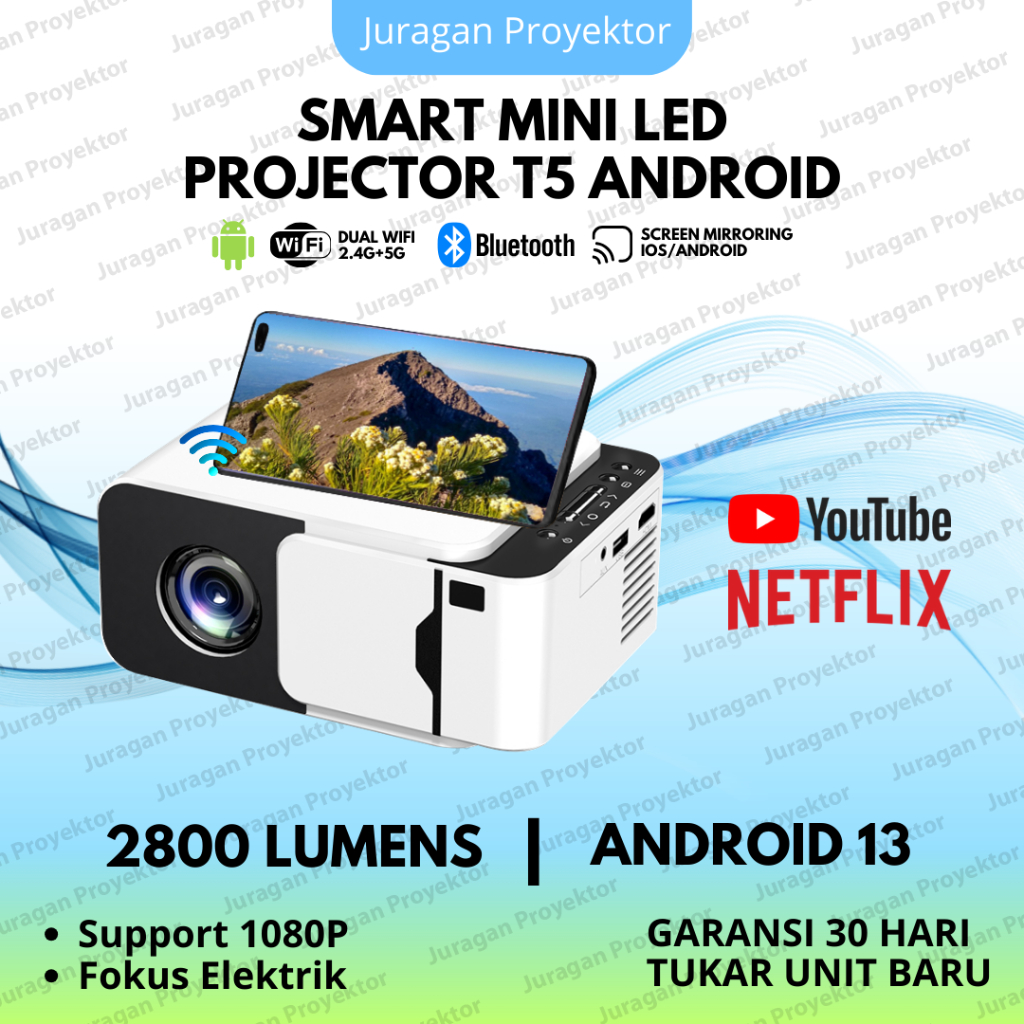 Jual Proyektor Mini LED T5 Android 13.0 Wifi 2800 Lumens | Proyektor ...