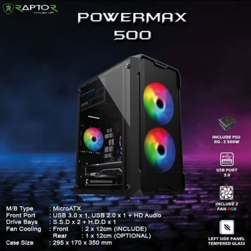 Jual Casing Gaming Raptor Powermax 500 include PSU 600W Nerro + 2 Fan ...
