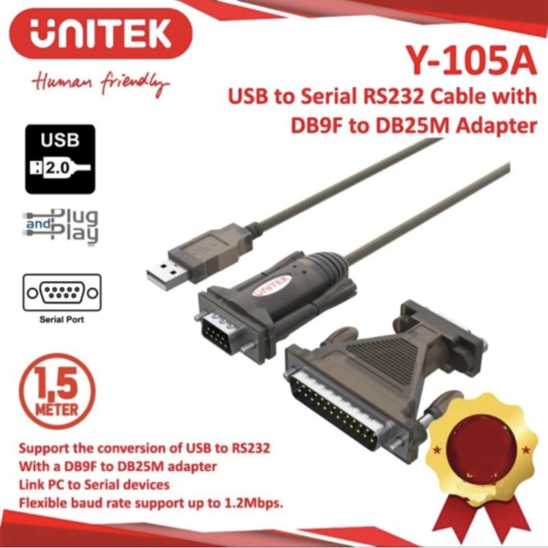 Jual Unitek Y-105A USB to Serial RS232 Cable With DB9F to DB25M Adapter | Shopee Indonesia